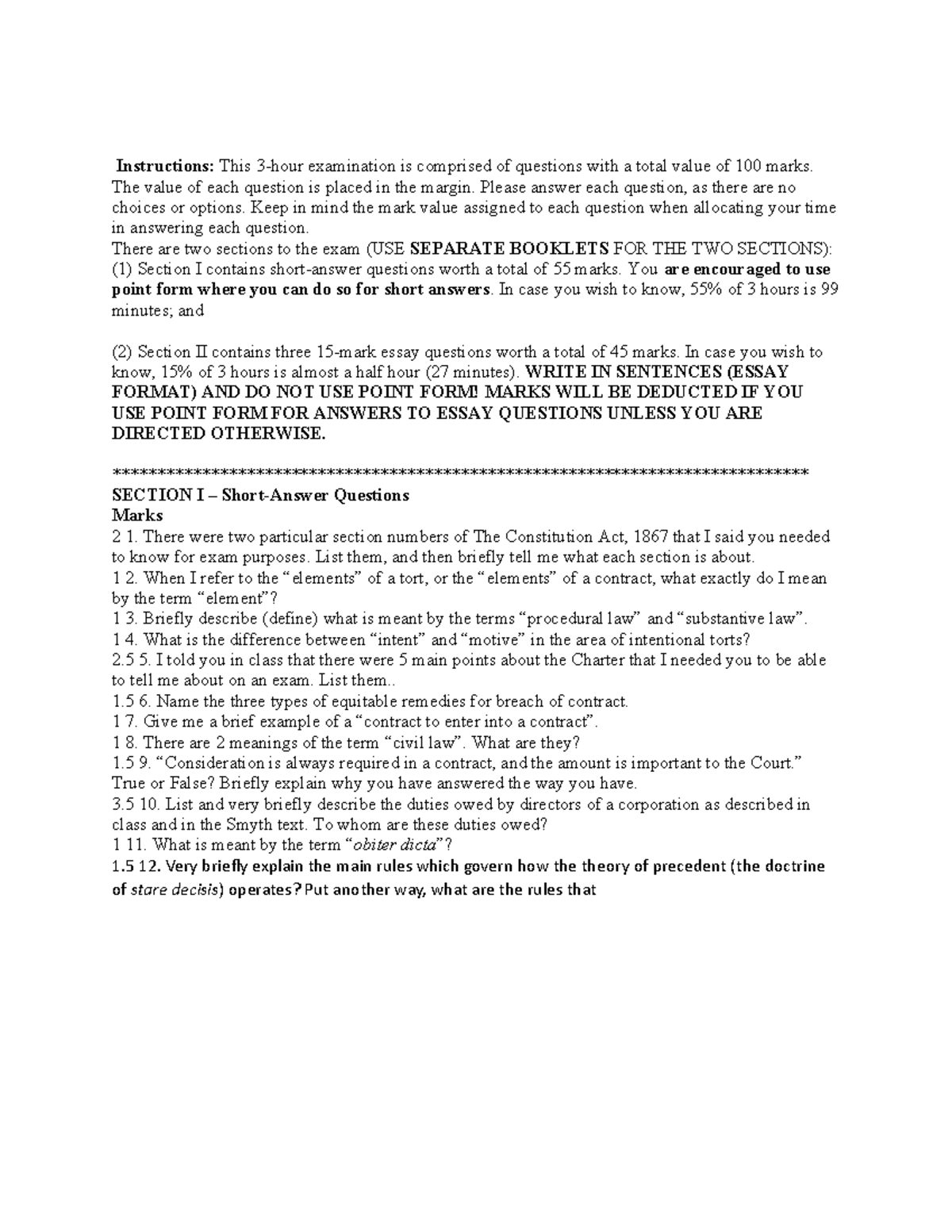 Sample Exam Question - Instructions: This 3-hour examination is ...