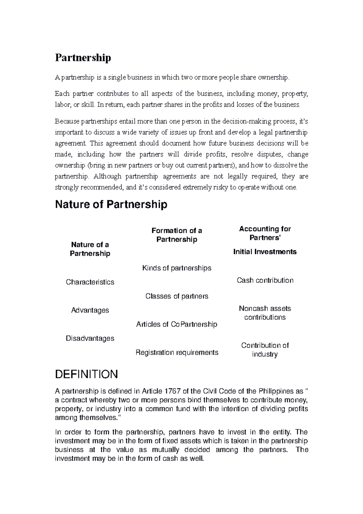 Partnership (Nature and Formation) - Partnership A partnership is a ...