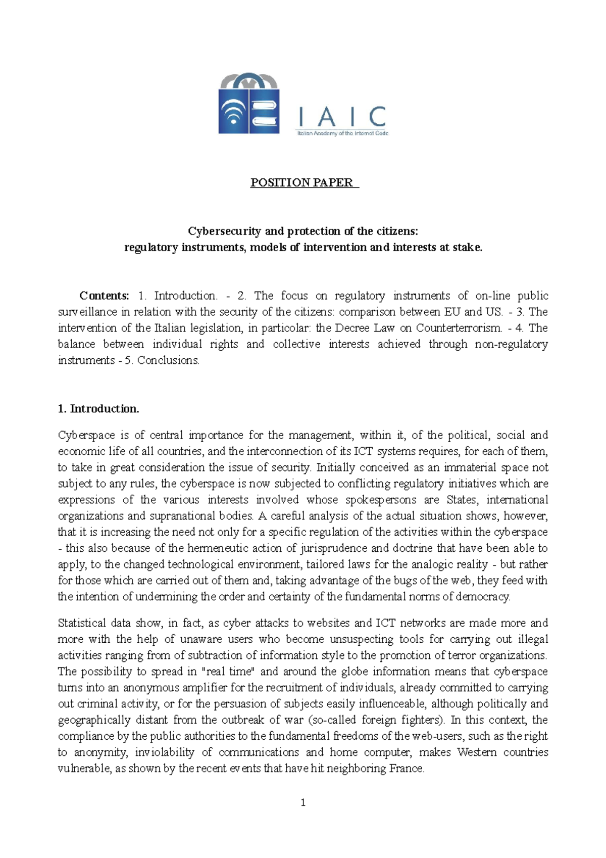 Position Paper Iaiccybersecurity EN - POSITION PAPER Cybersecurity and ...
