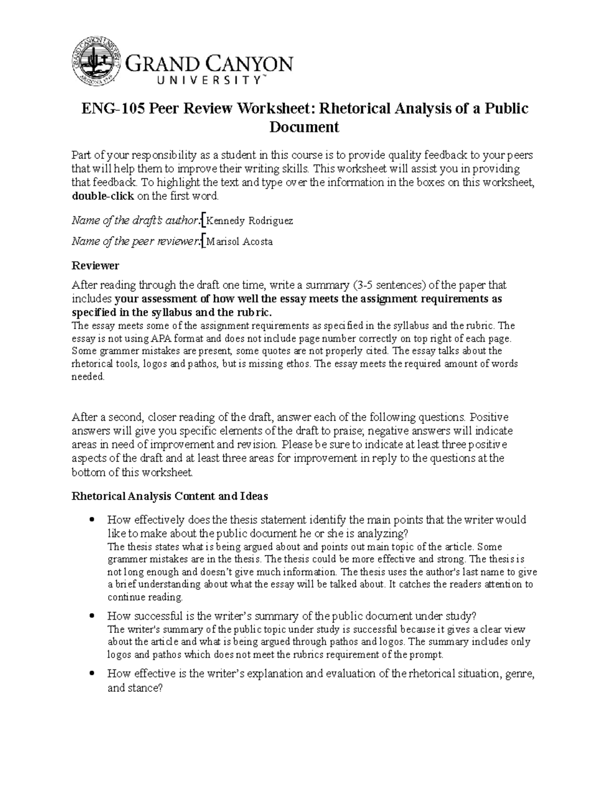 ENG105 Rhetorical Analysis Peer Review Worksheet - ENG 105 - GVSU - Studocu