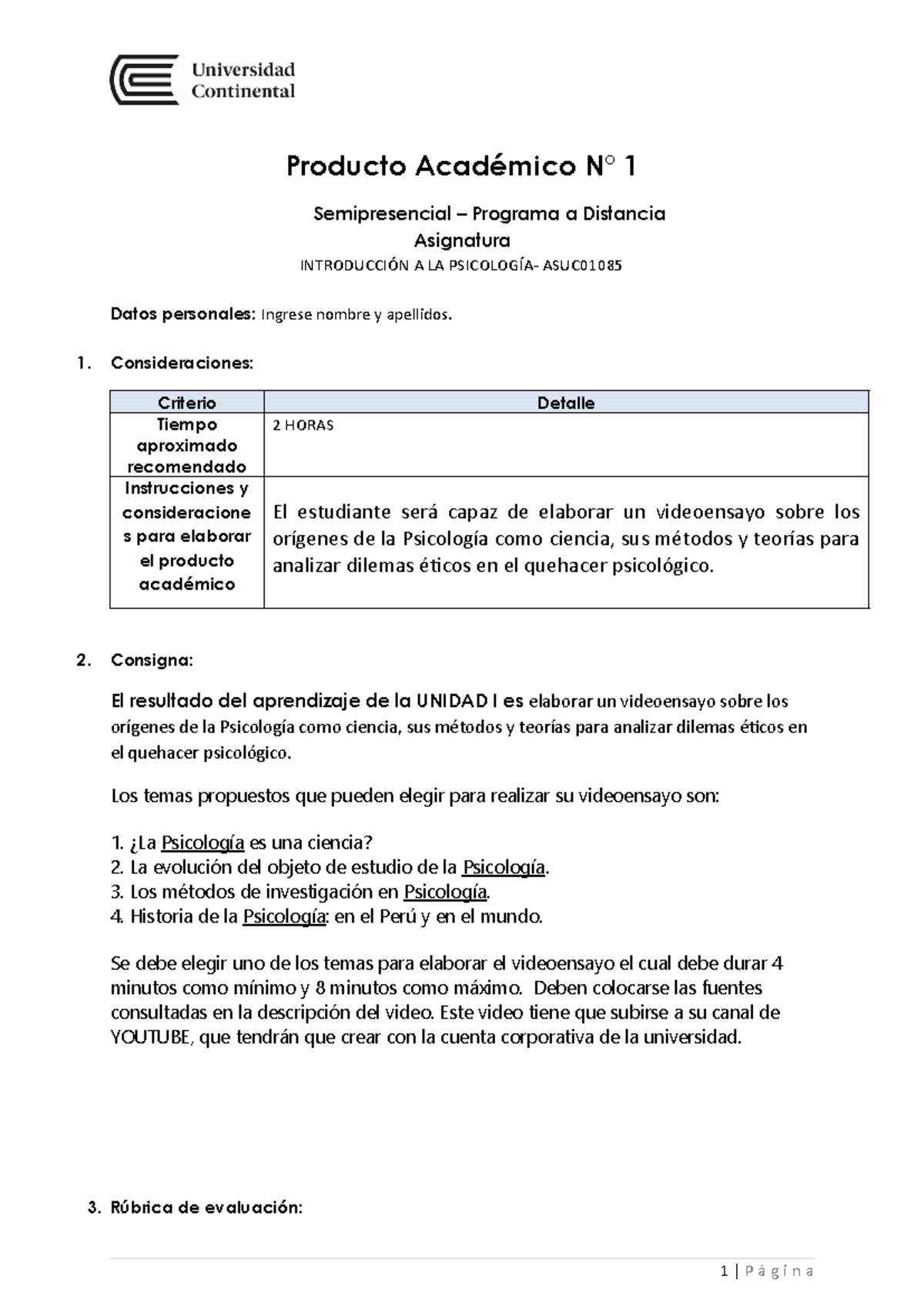 Introducción a la psicología - Tipo Rúbrica 1 producto - PA01 - Producto Académico N° 1 - Studocu