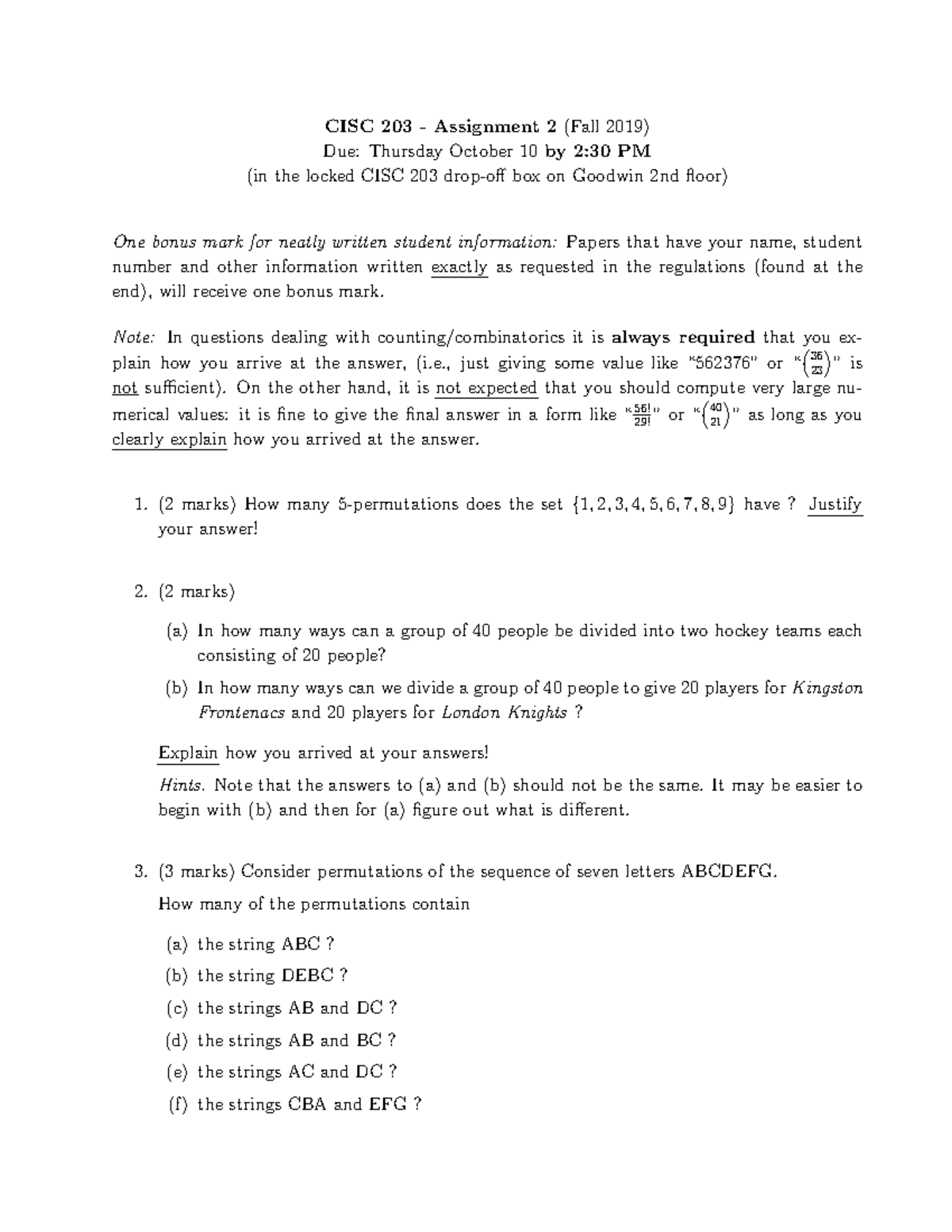 A2 - assignment - CISC 203 - Assignment 2(Fall 2019) Due: Thursday ...