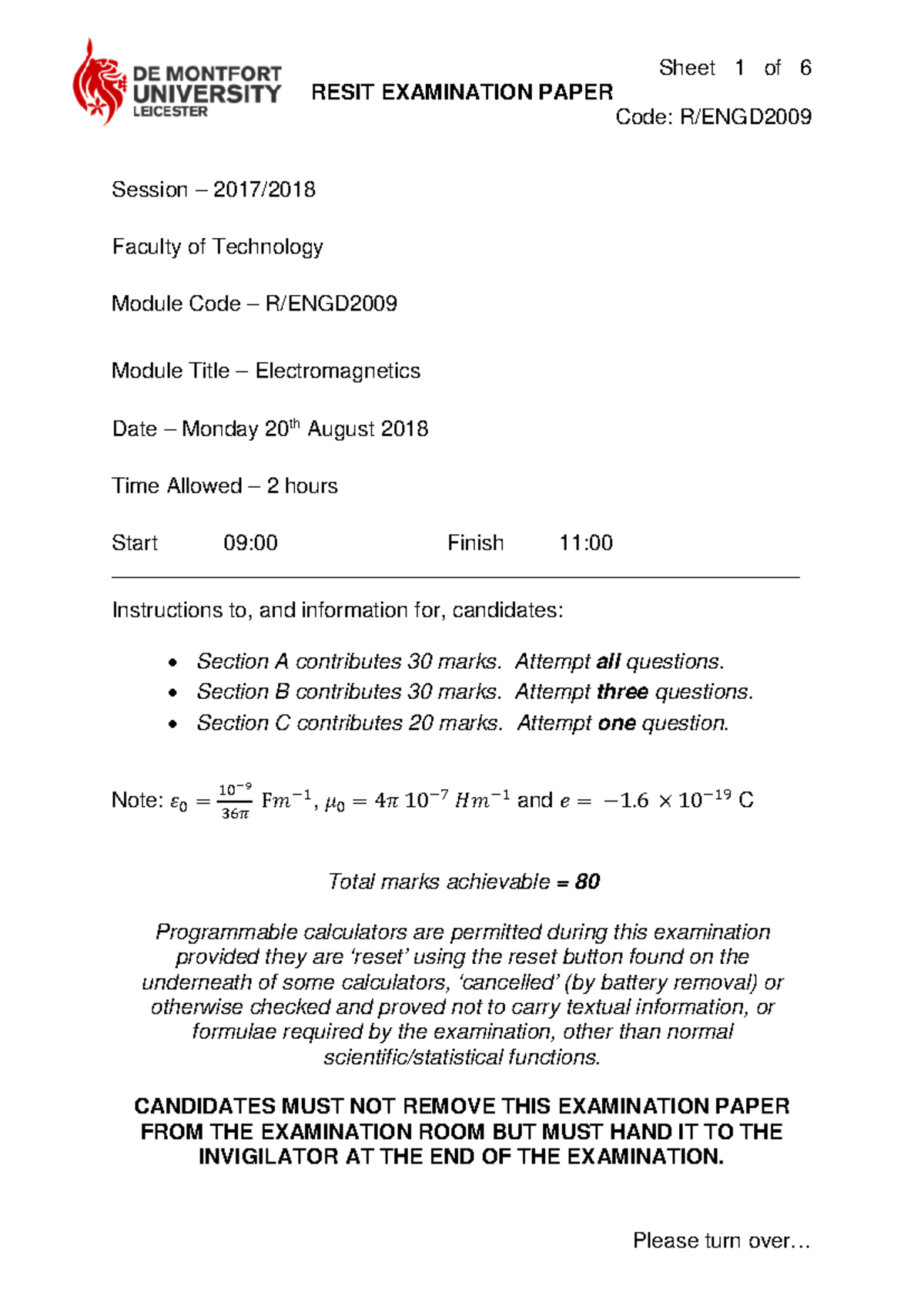ENGD2009 2018 Resit Exam - Sheet 1 of 6 RESIT EXAMINATION PAPER Code: R ...