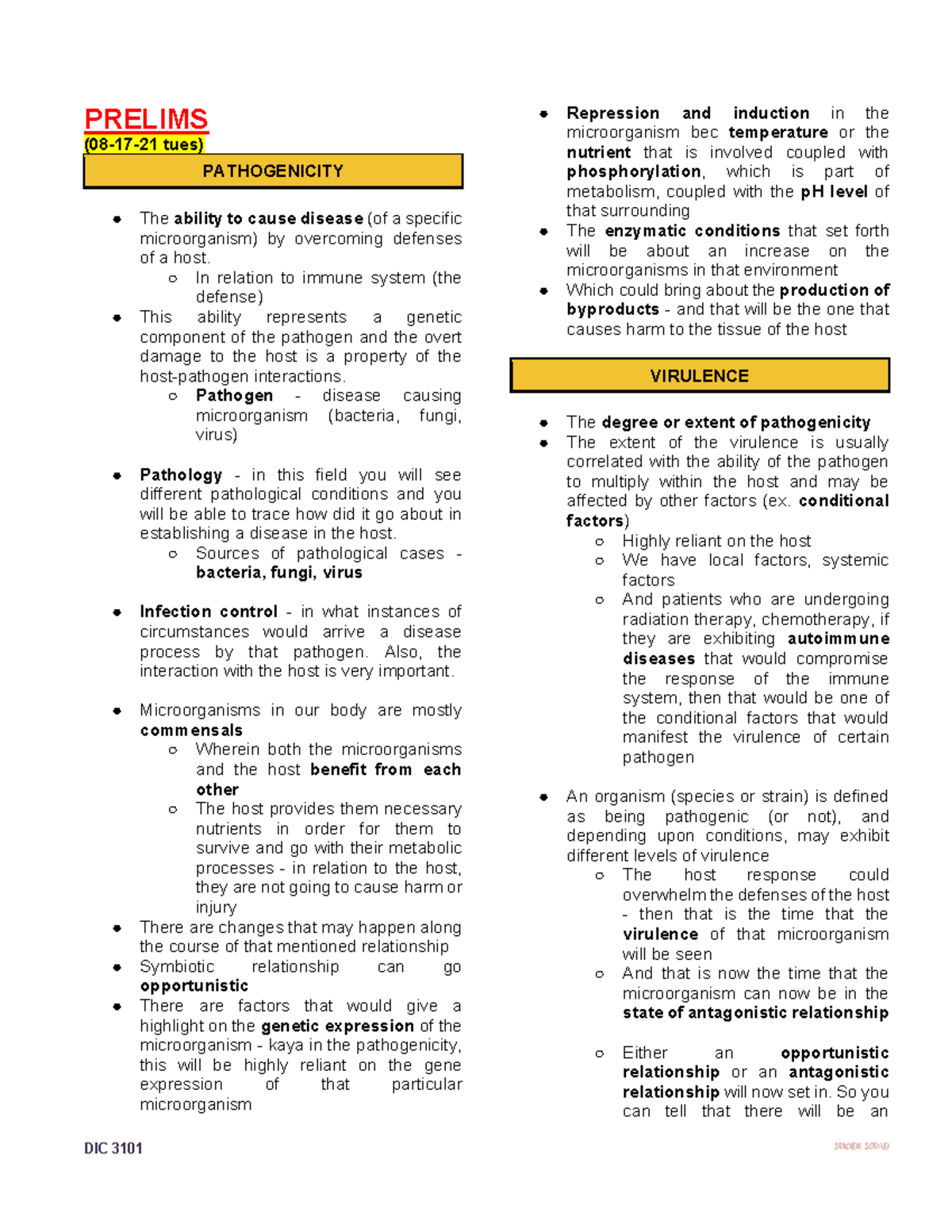 DIC Prelims-Finals Notes - PRELIMS (08- 17 - 21 tues) PATHOGENICITY The ...