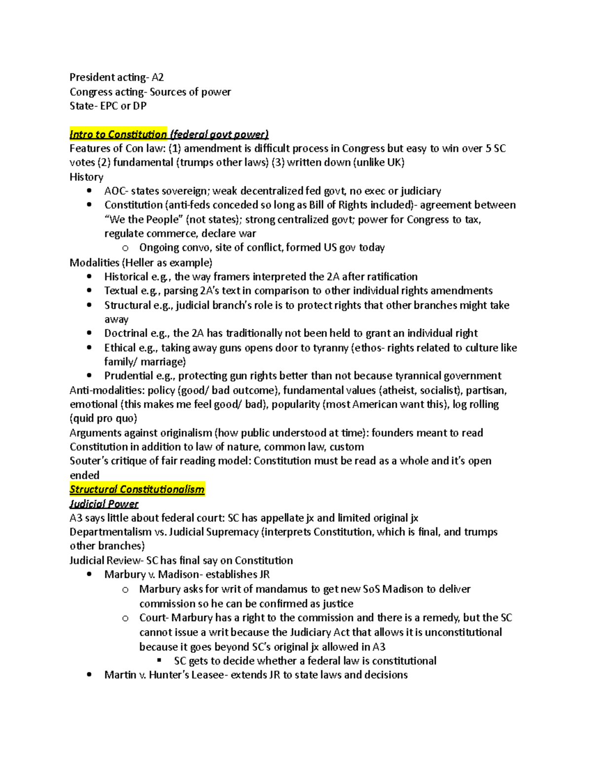 Con law outline- AH - President acting- A Congress acting- Sources of ...