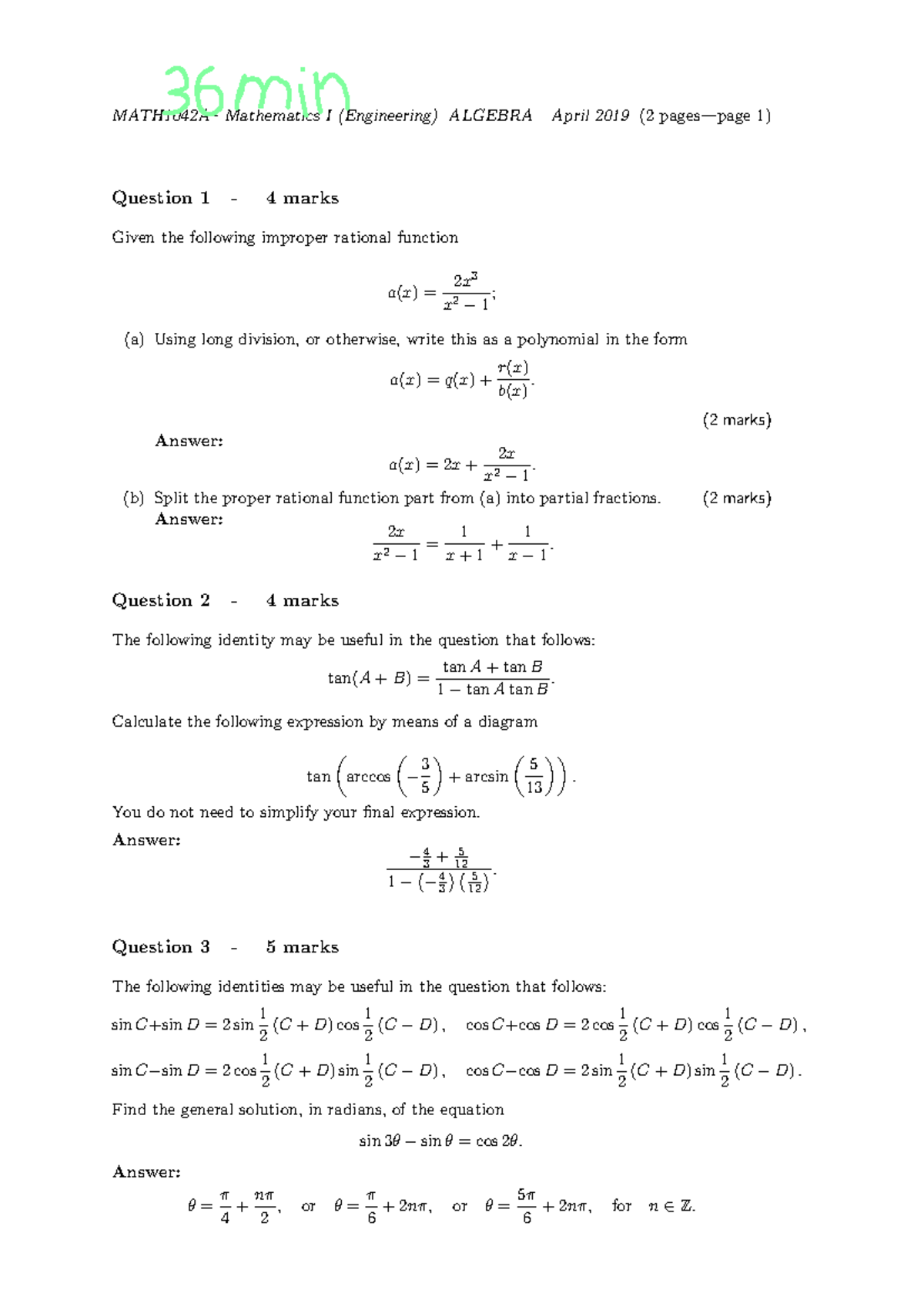 MATH1042 April 2019 Algebra block test - MATH1042A– Mathematics I ...