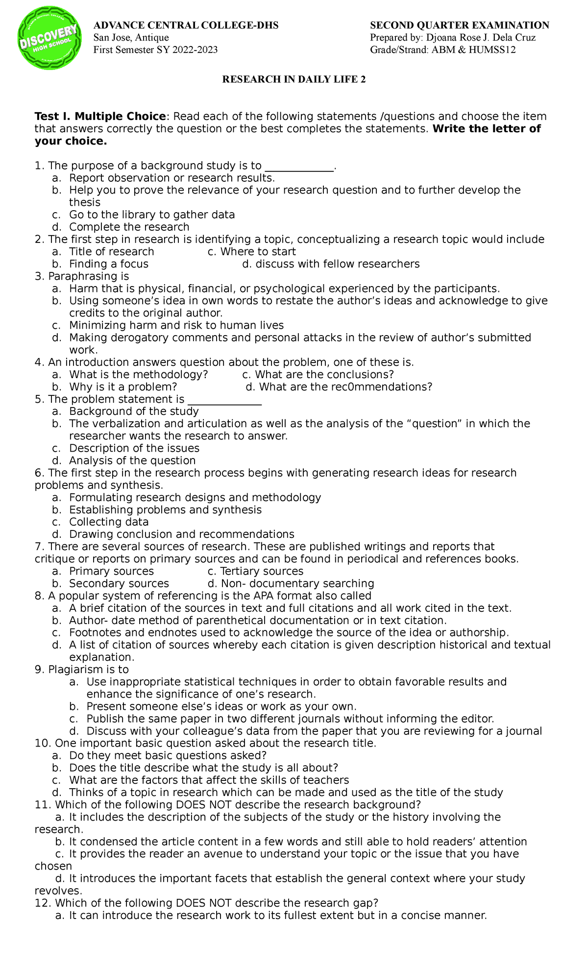 Research 12 - RESEARCH IN DAILY LIFE 2 Test I. Multiple Choice: Read ...