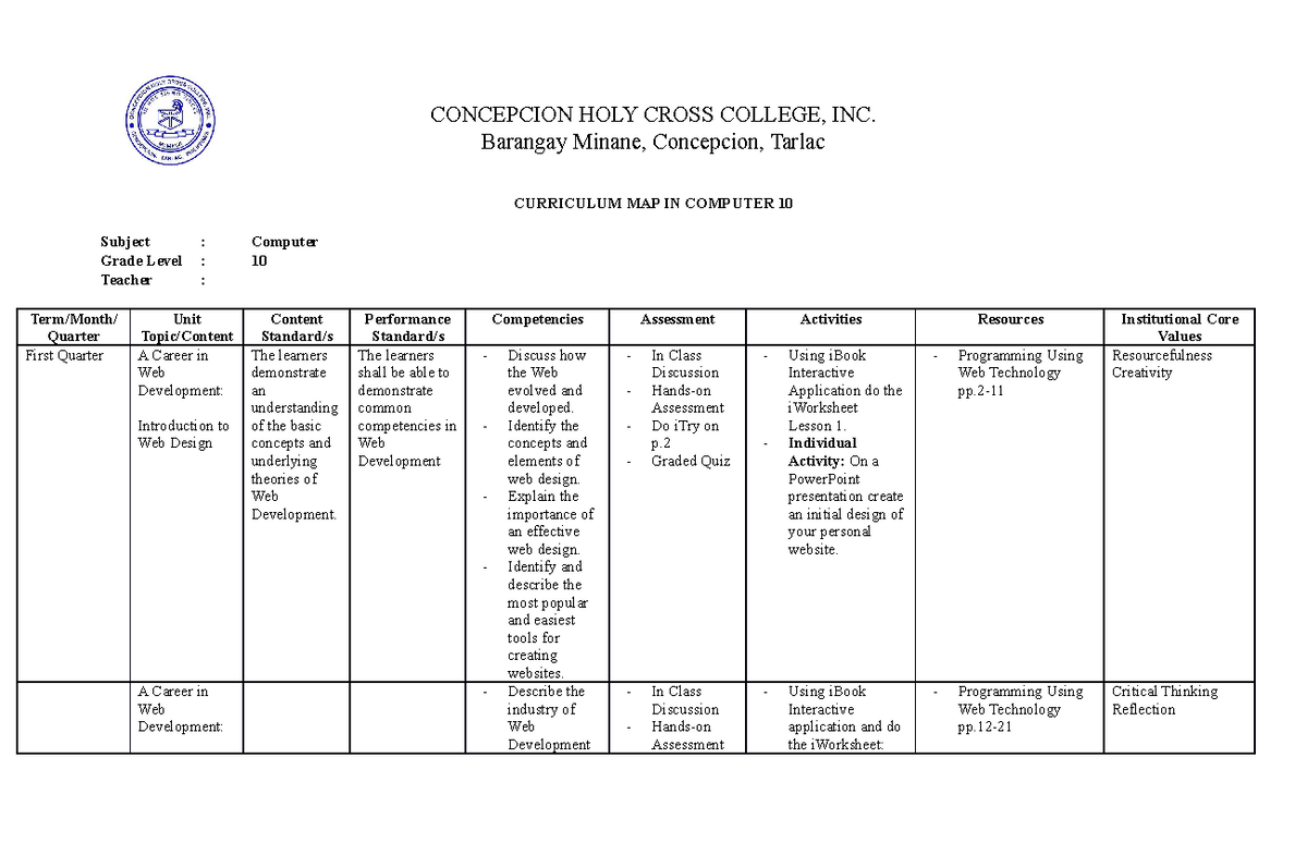 Curriculum Map - Computer 10 - CONCEPCION HOLY CROSS COLLEGE, INC ...