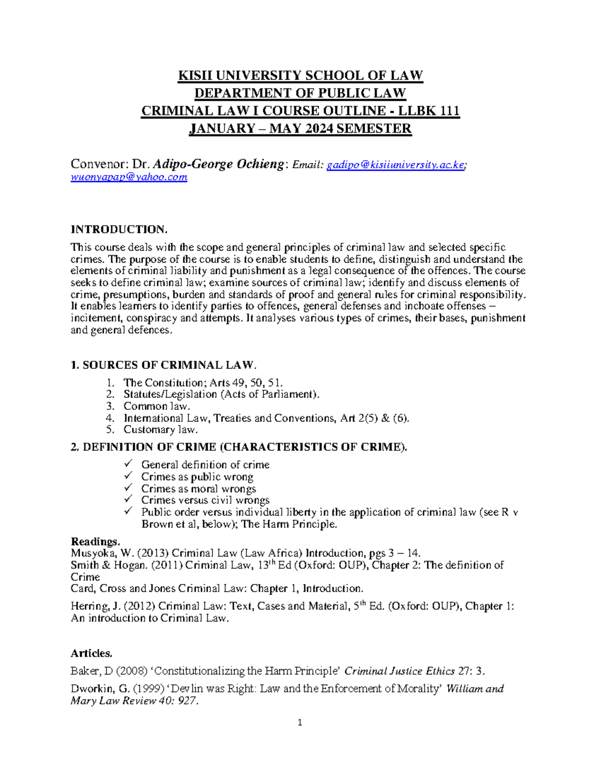 Criminal Law Course outline - KISII UNIVERSITY SCHOOL OF LAW DEPARTMENT ...