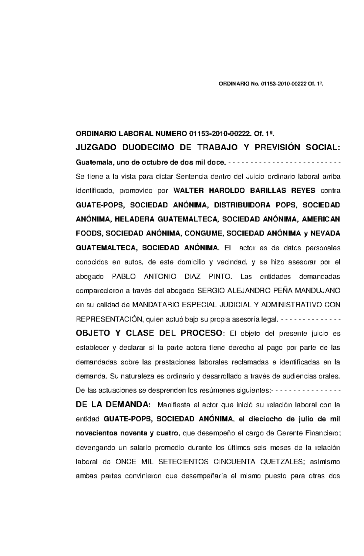 Sentencia Laboral pdf - ORDINARIO LABORAL NUMERO 01153-2010-00222. Of ...