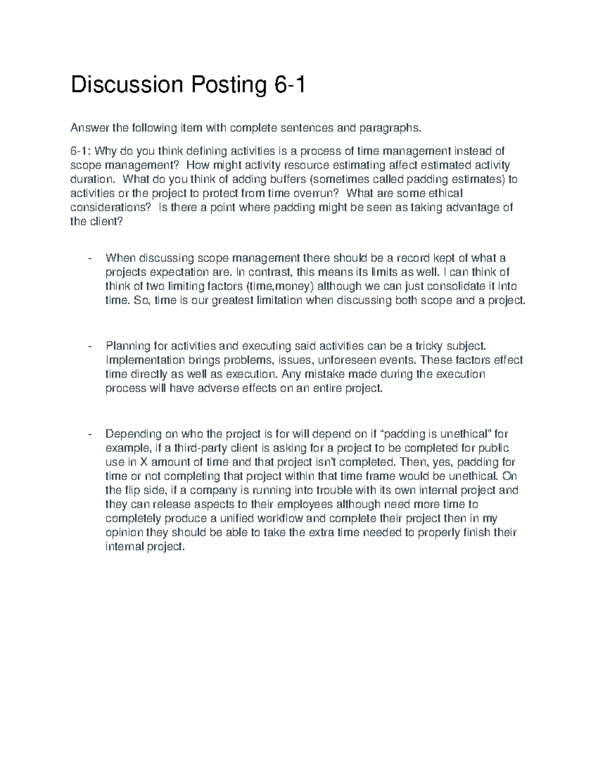 Discussion Posting 6-1 - Discussion Posting 6-1 Answer the following ...