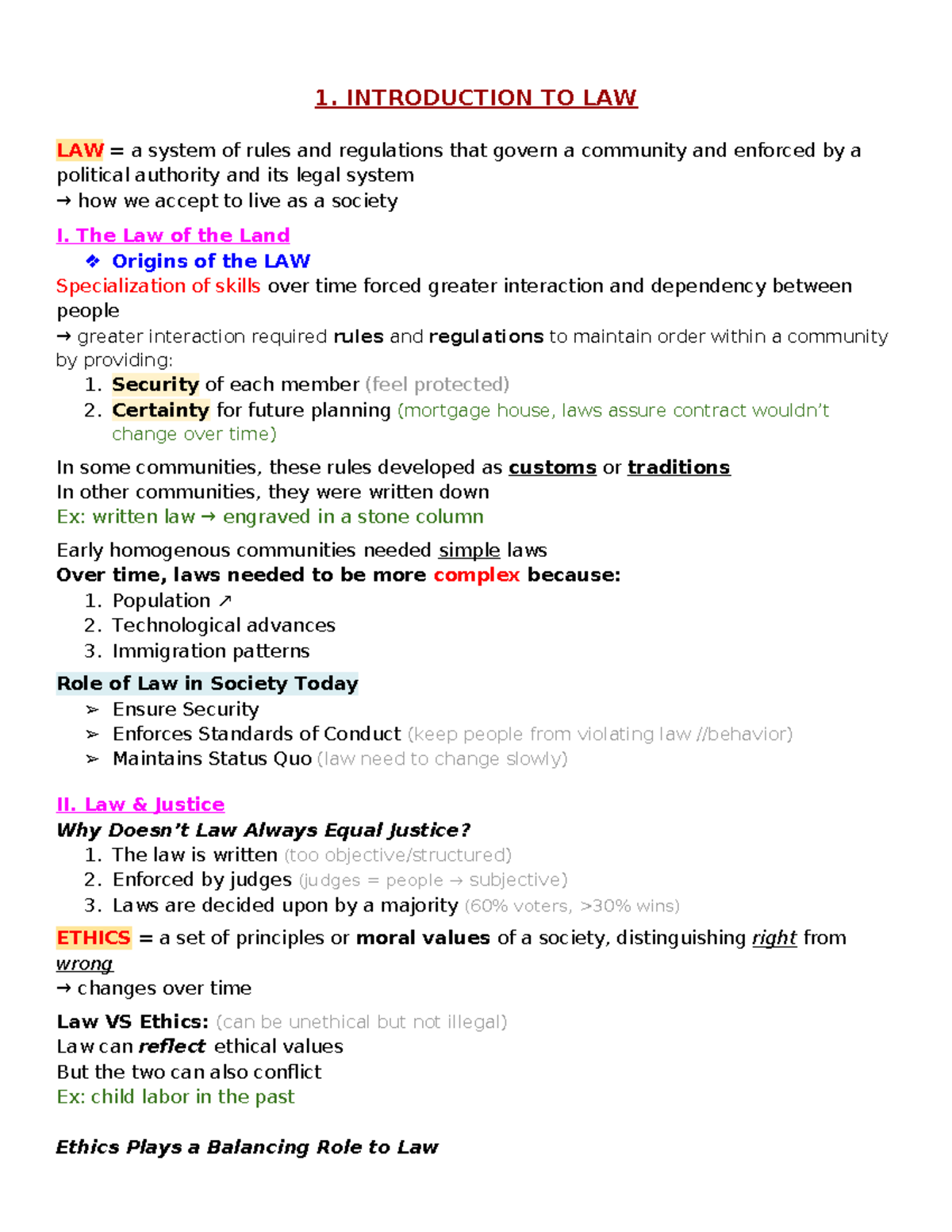 Midterm 1 -1 - 1. INTRODUCTION TO LAW LAW = a system of rules and ...