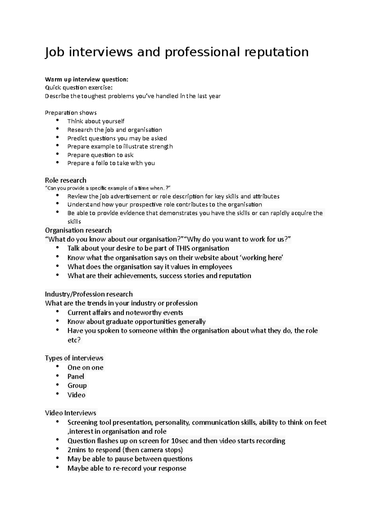 Four - Lecture notes 4 - Job interviews and professional reputation ...