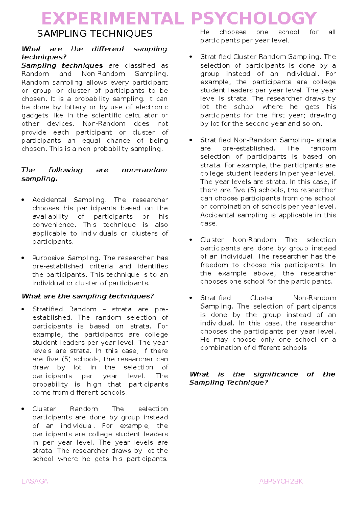 Experimental Psychology Notes - SAMPLING TECHNIQUES What are the ...