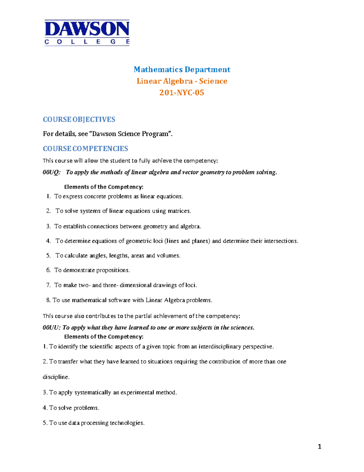 Linear Algebra Science 2 Course Outline Mathematics Department Linear Algebra Science 201