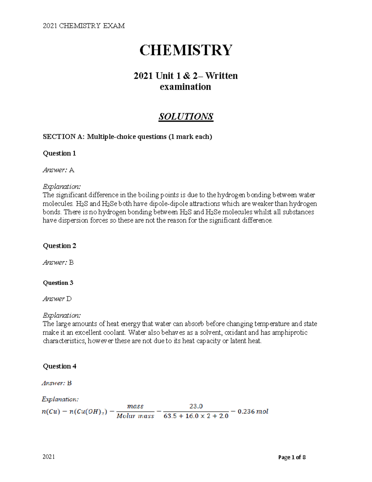 2021 U1 & 2 Chemistry - Exam Solutions and solutions - CHEMISTRY 2021 ...