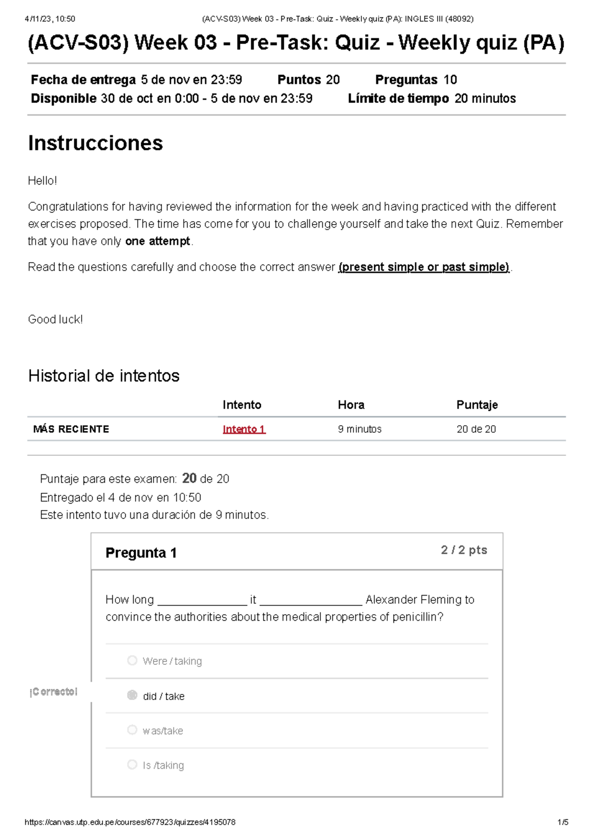 (ACV-S03) Week 03 - Pre-Task Quiz - Weekly quiz (PA) Ingles III (48092) - (ACV-S03) Week 03 ...