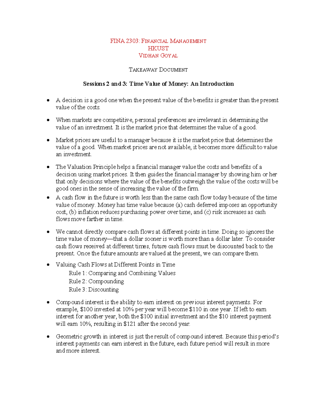 Takeaways Sessions 2and3 - FINA 2303: F INANCIAL M ANAGEMENT HKUST V ...