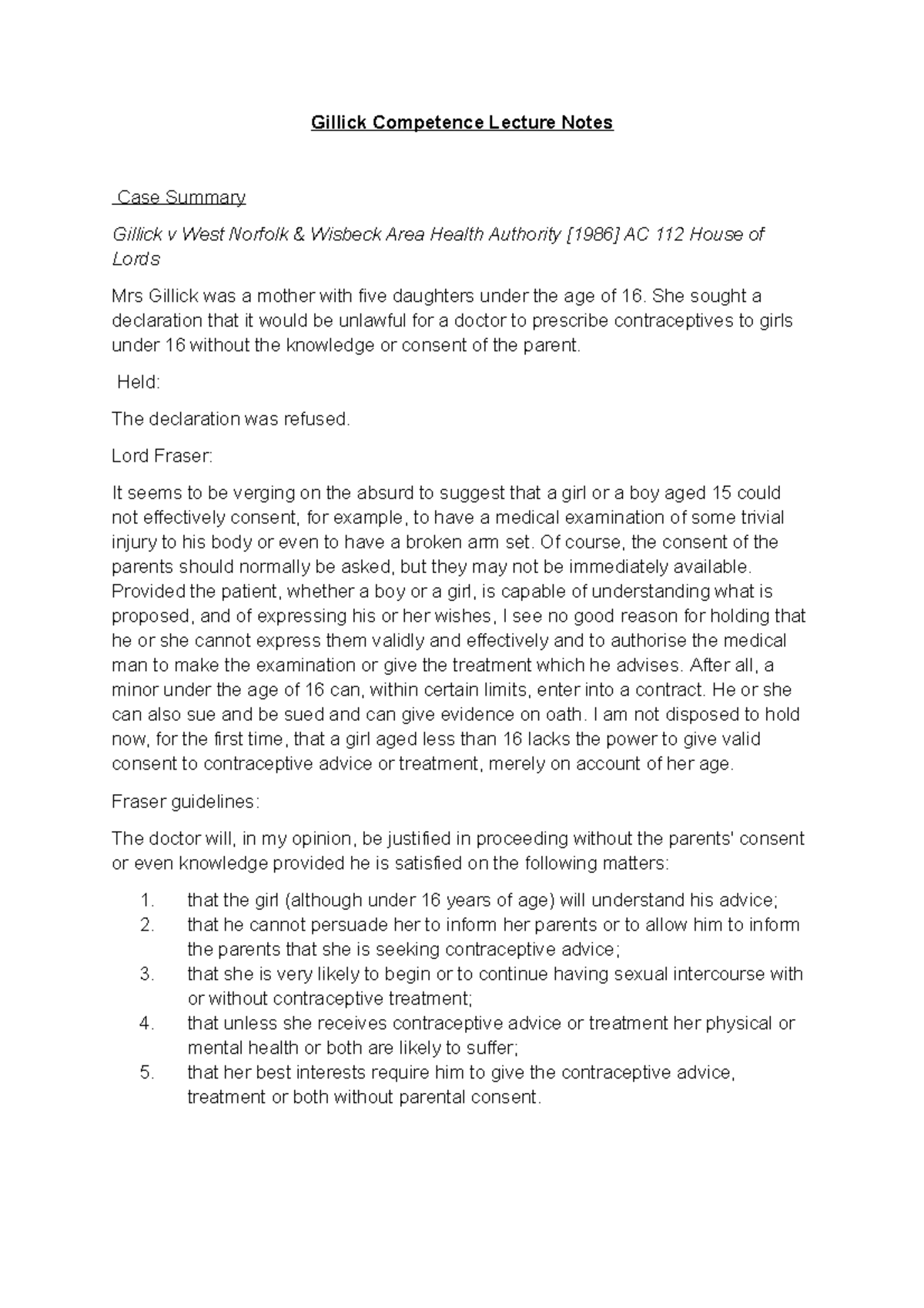 Gillick Competence Lecture Notes - She sought a declaration that it ...