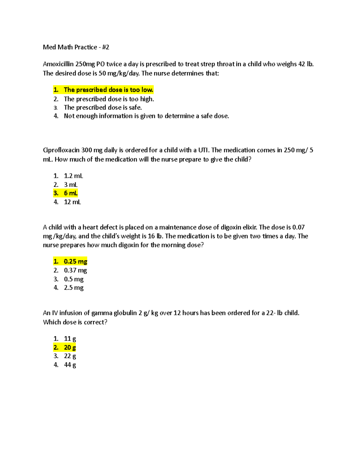 Med Math Practice 2 4 16 21 Revised Med Math Practice 