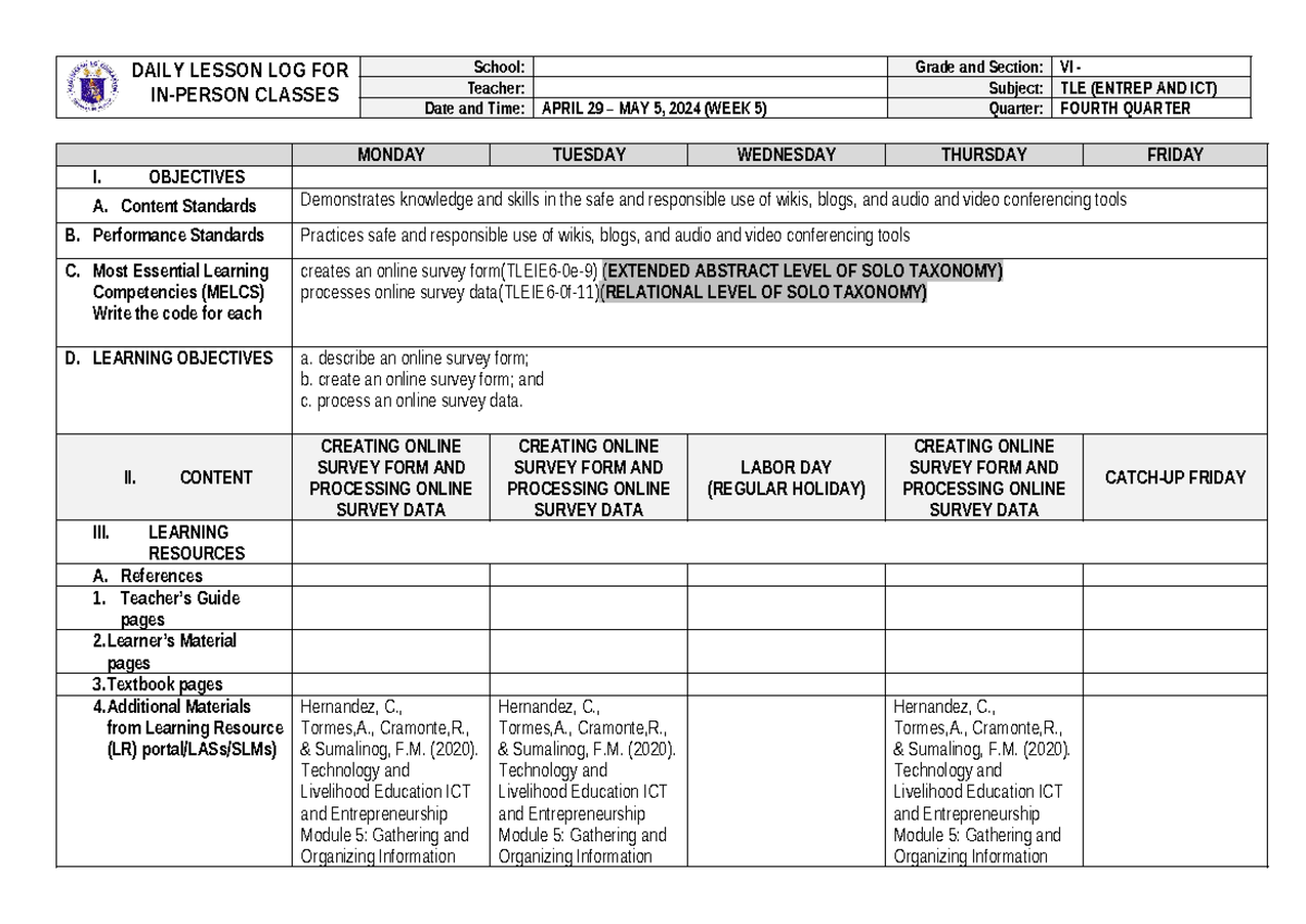 G6 Q4W5 DLL TLE Entrep AND ICT Melcs - DAILY LESSON LOG FOR IN-PERSON ...