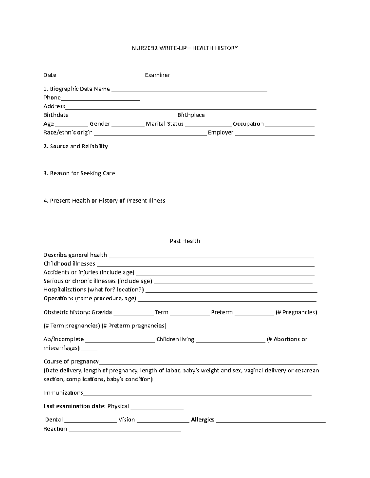 NUR2092 Health History form - NUR2092 WRITE-UP—HEALTH HISTORY Date