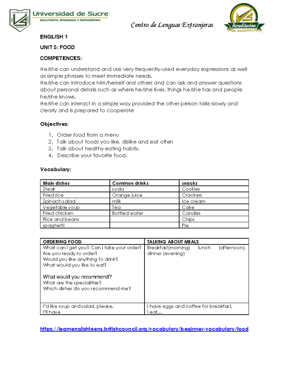 Unit 5 - food and variables - ENGLISH 1 UNIT 5: FOOD COMPETENCES: He ...