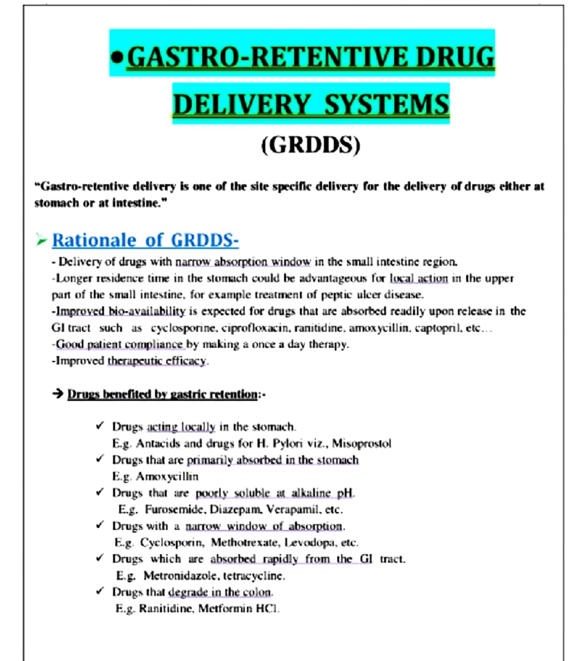 Grdds - Ndds - "GASTRO-RETENTIVE DRUG DELIVERY SYSTEMS (GRDDS) "Gastro ...