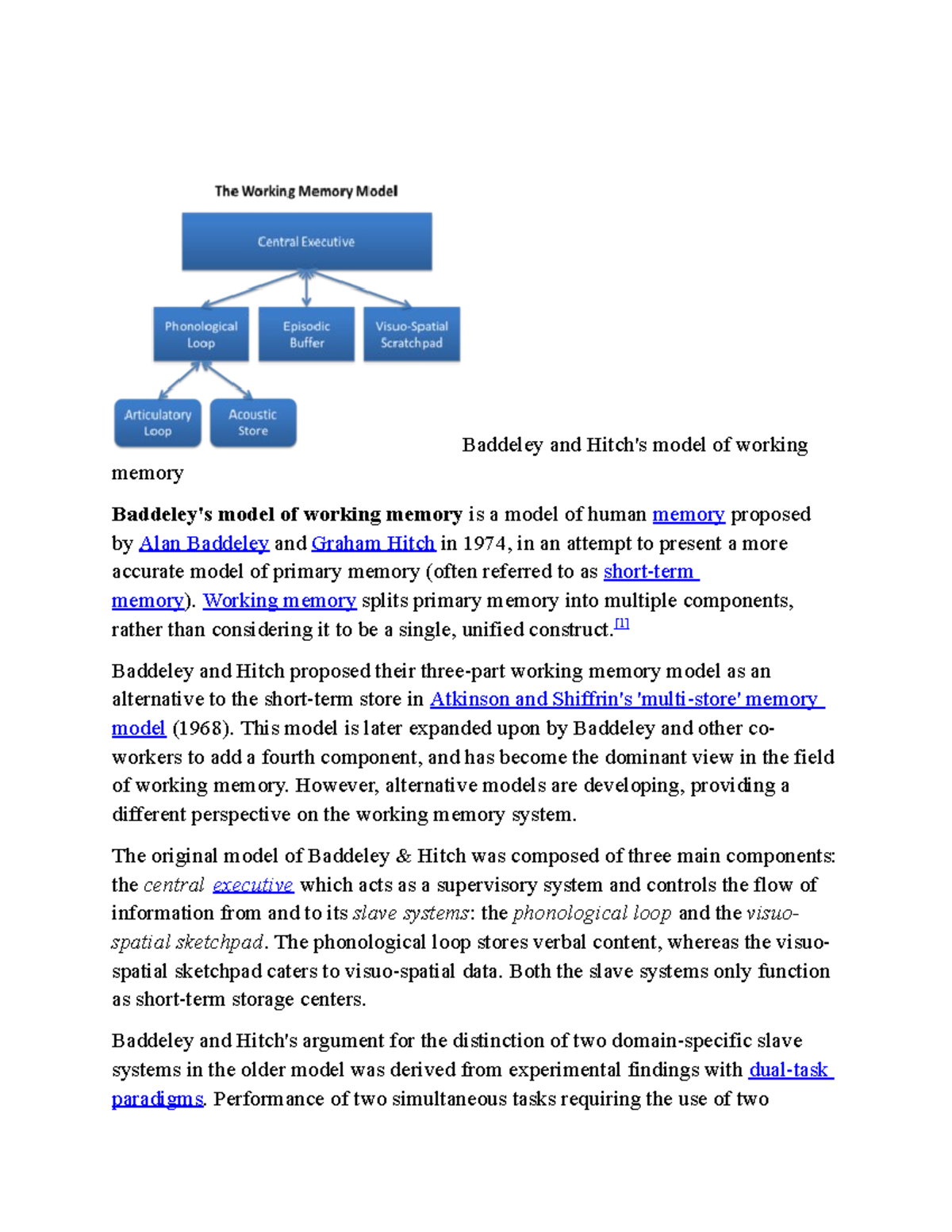 Working memory model - Notes - Baddeley and Hitch's model of working ...