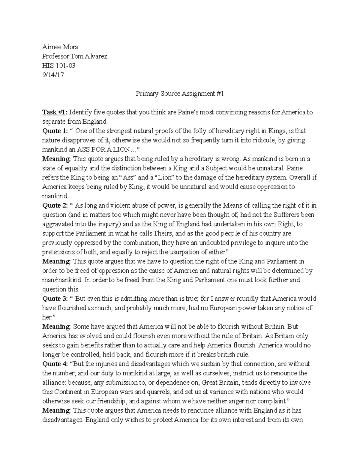 Primary Source assignment #1 - Aimee Mora Professor Tom Alvarez HIS 101 ...