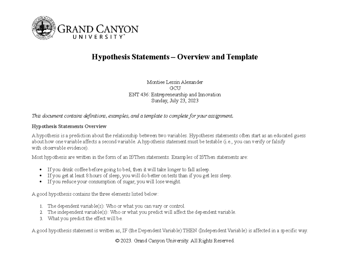 ENT 436 RS T2 Hypothesis Statements Overview Template - Hypothesis ...