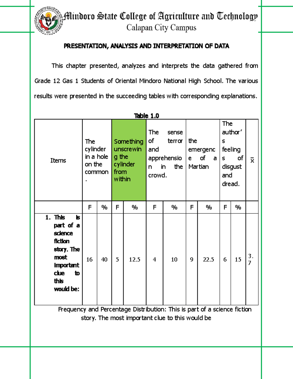 Chapter 4 final - research project - BS Secondary Education - MinSCAT ...