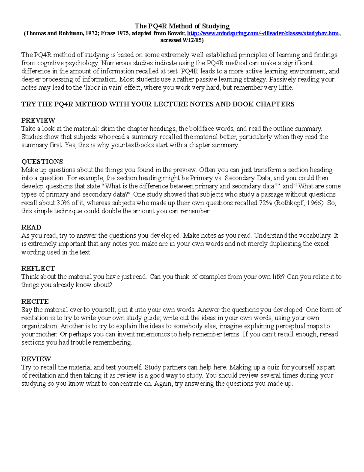 PQ4R Method of Studying Handout of Studying - The PQ4R Method of ...