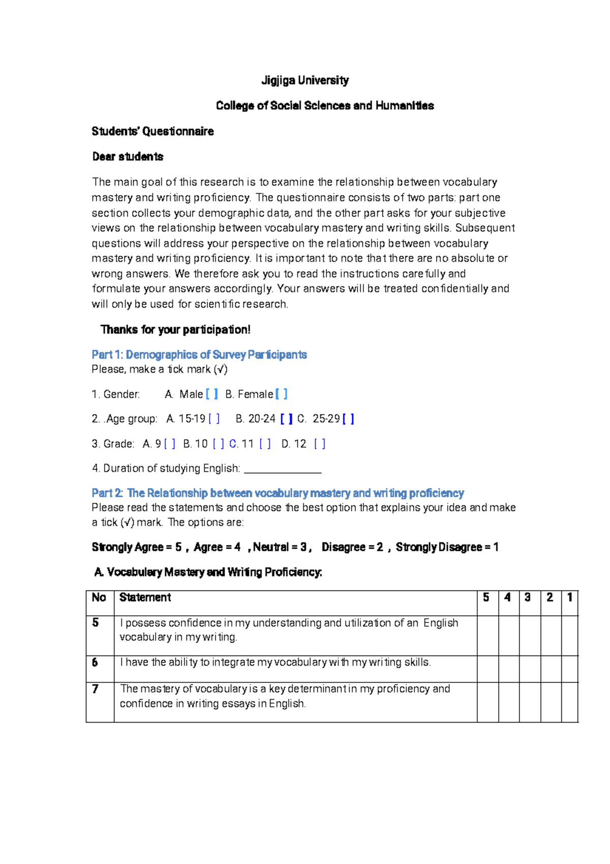 Abdi Ali Liban May 24 final draft questionnaire - JigjigaUniversity - Studocu