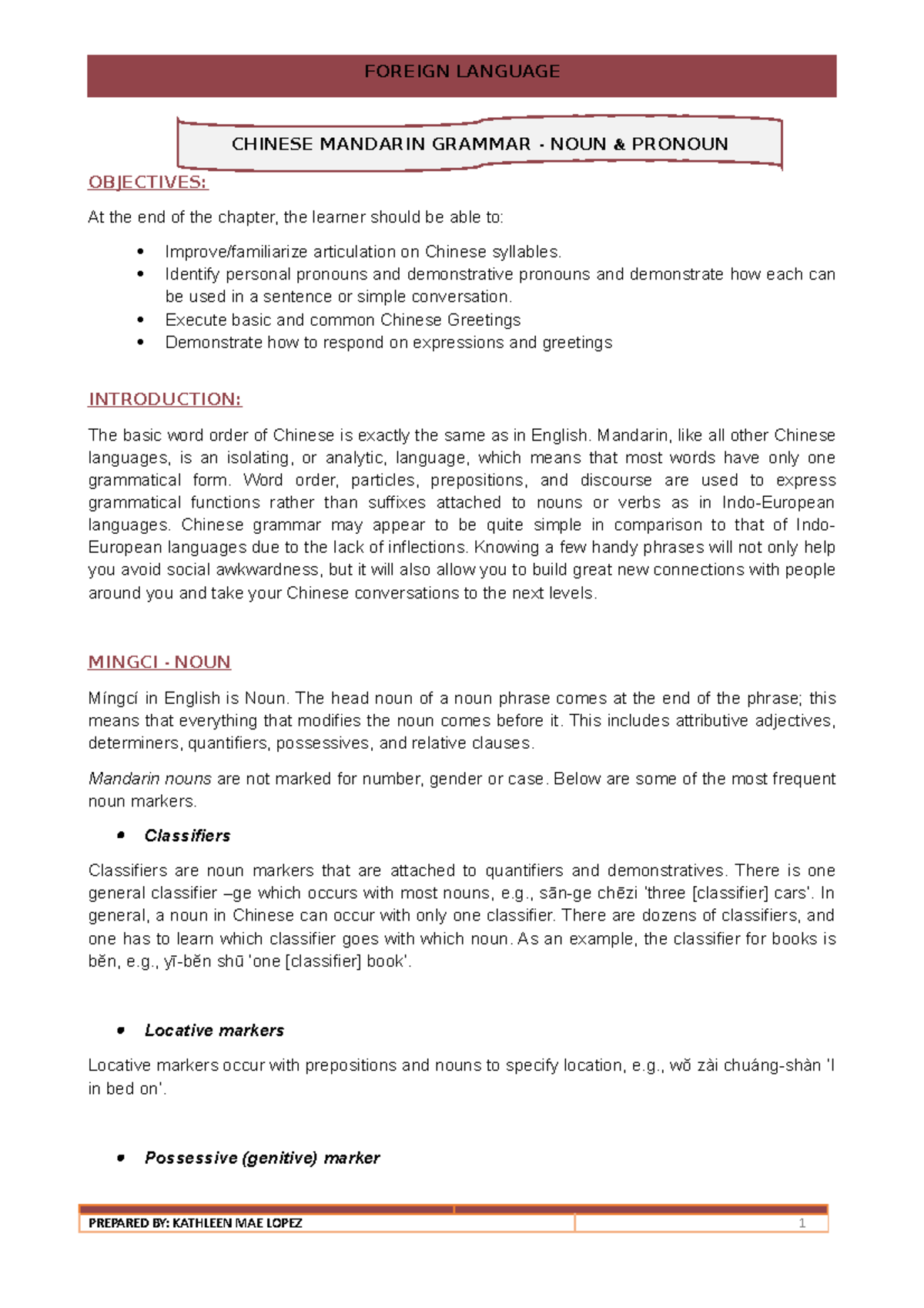 Module 5 - Foreign Language - Mandarin - OBJECTIVES: At the end of the chapter, the learner ...