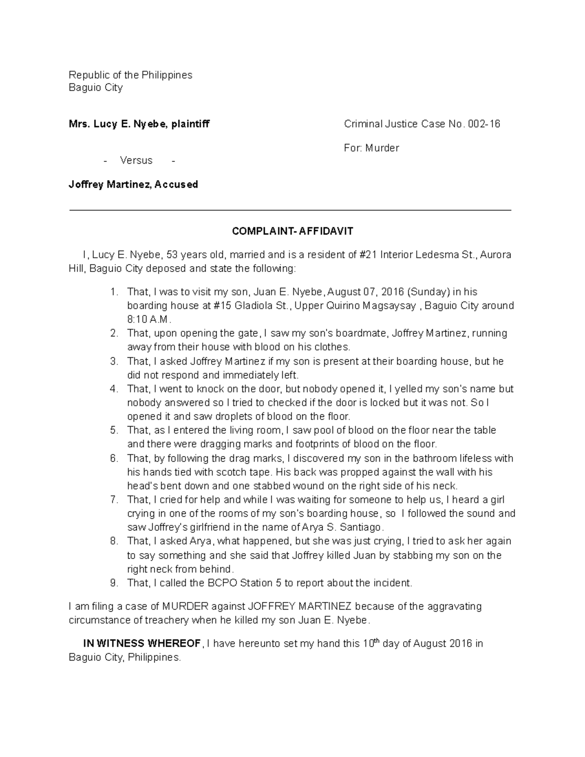 Complaint-AND- Affidavits - Republic of the Philippines Baguio City Mrs ...