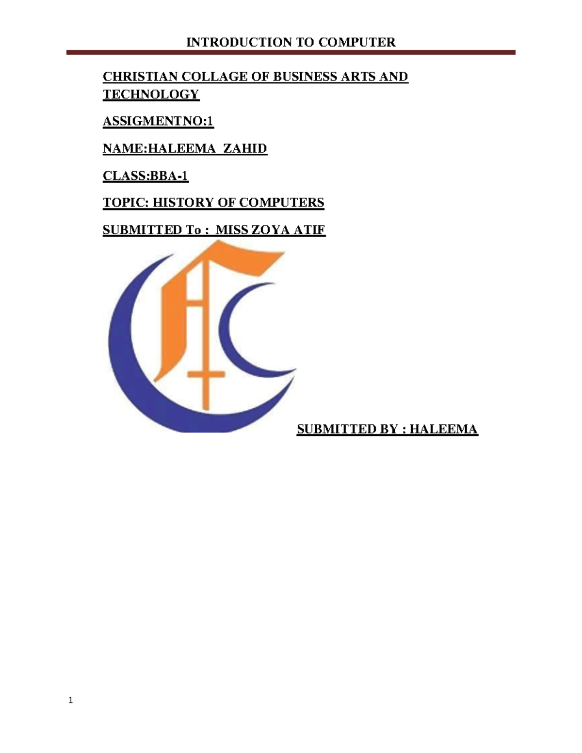 Introduction TO Computer - INTRODUCTION TO COMPUTER 1 CHRISTIAN COLLAGE ...