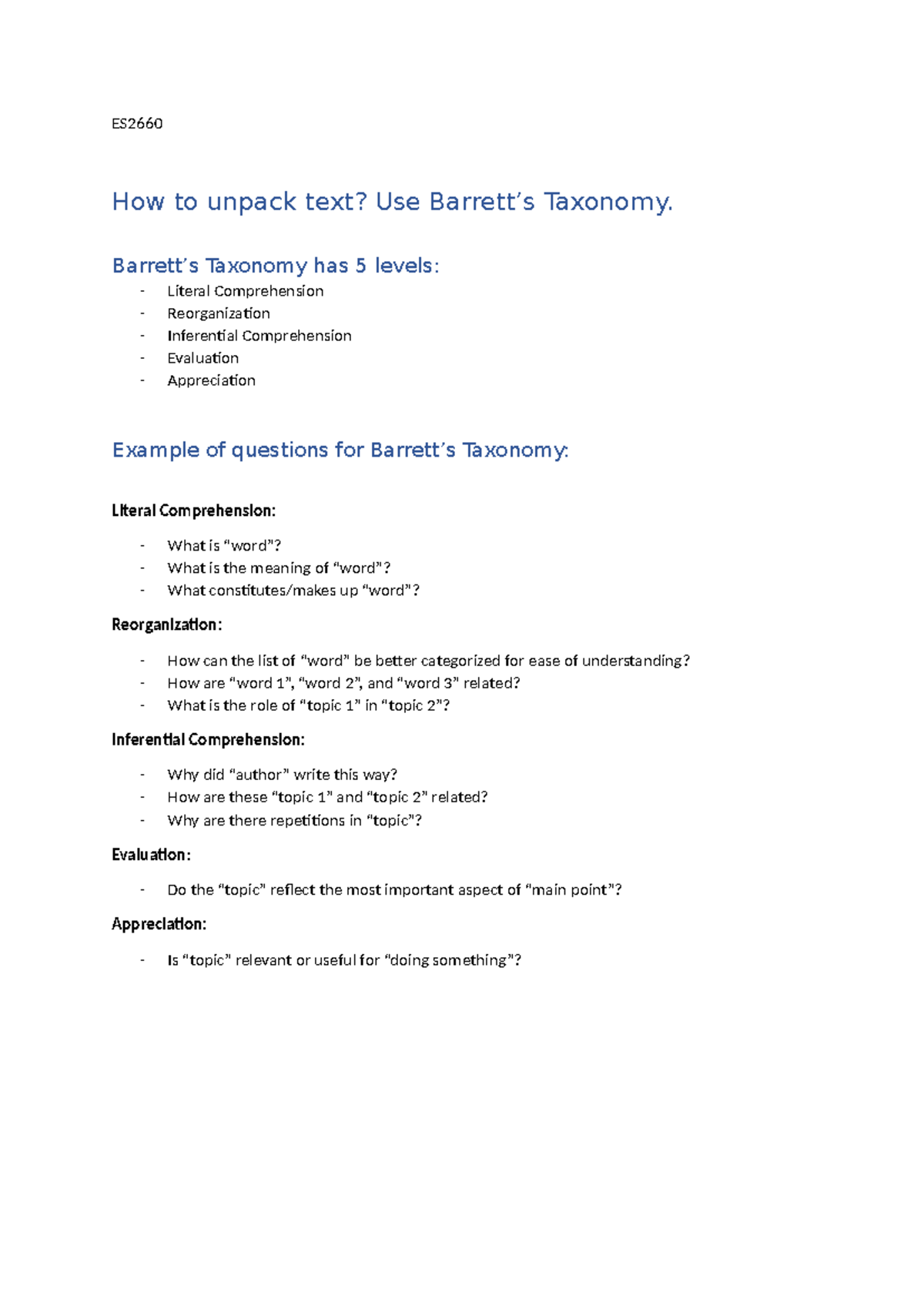 ES2660 Notes for framework - ES How to unpack text? Use Barrett’s ...