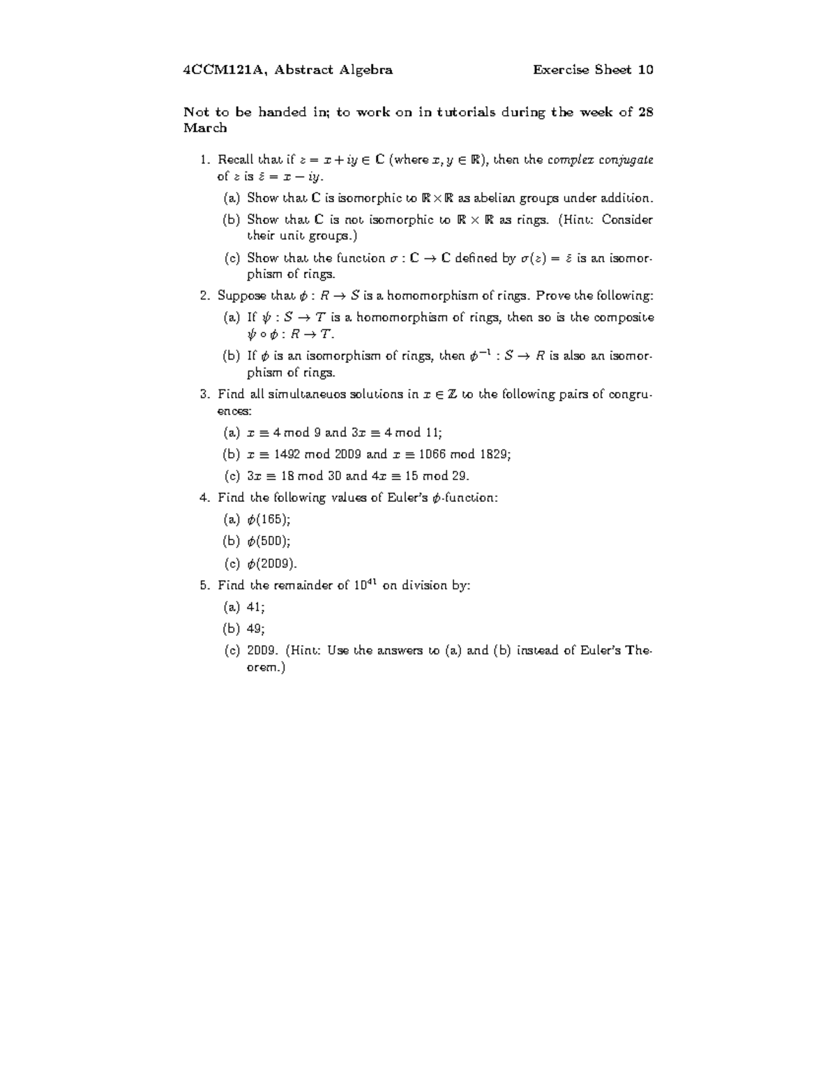 HW10 - course and homwork with solutions - 4CCM121A, Abstract Algebra ...