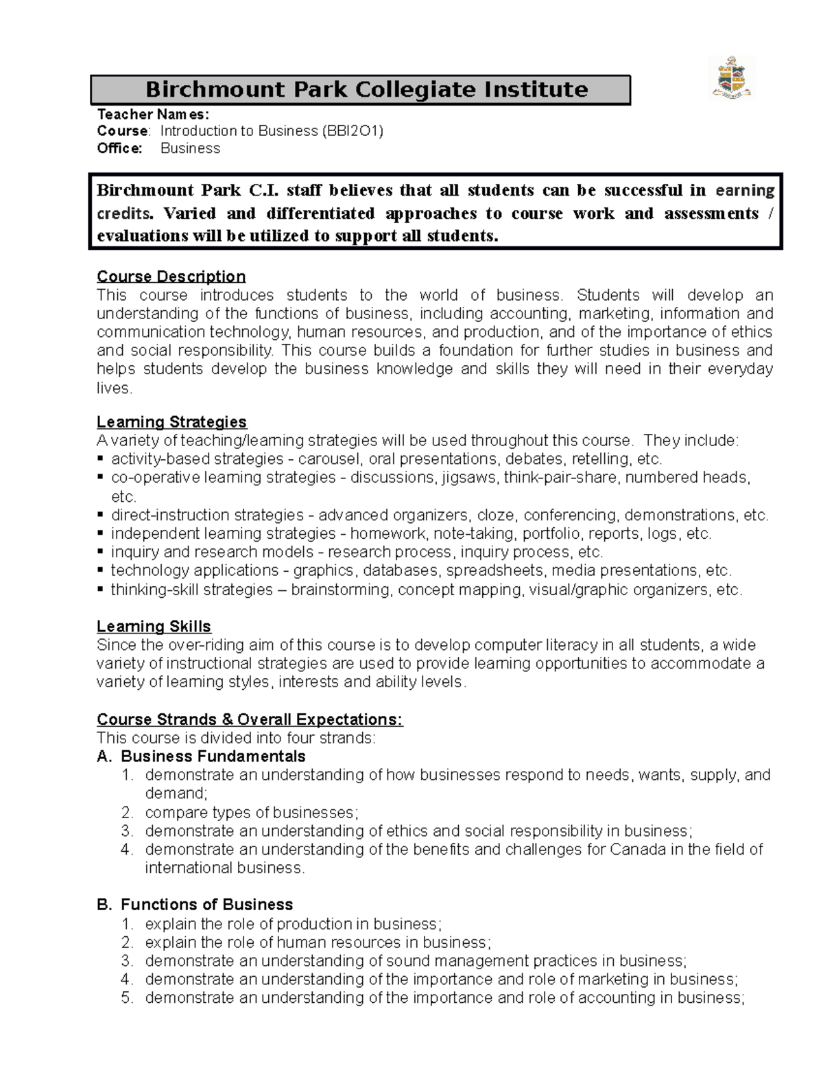 BBI Course Outline - Birchmount Park Collegiate Institute Teacher Names ...