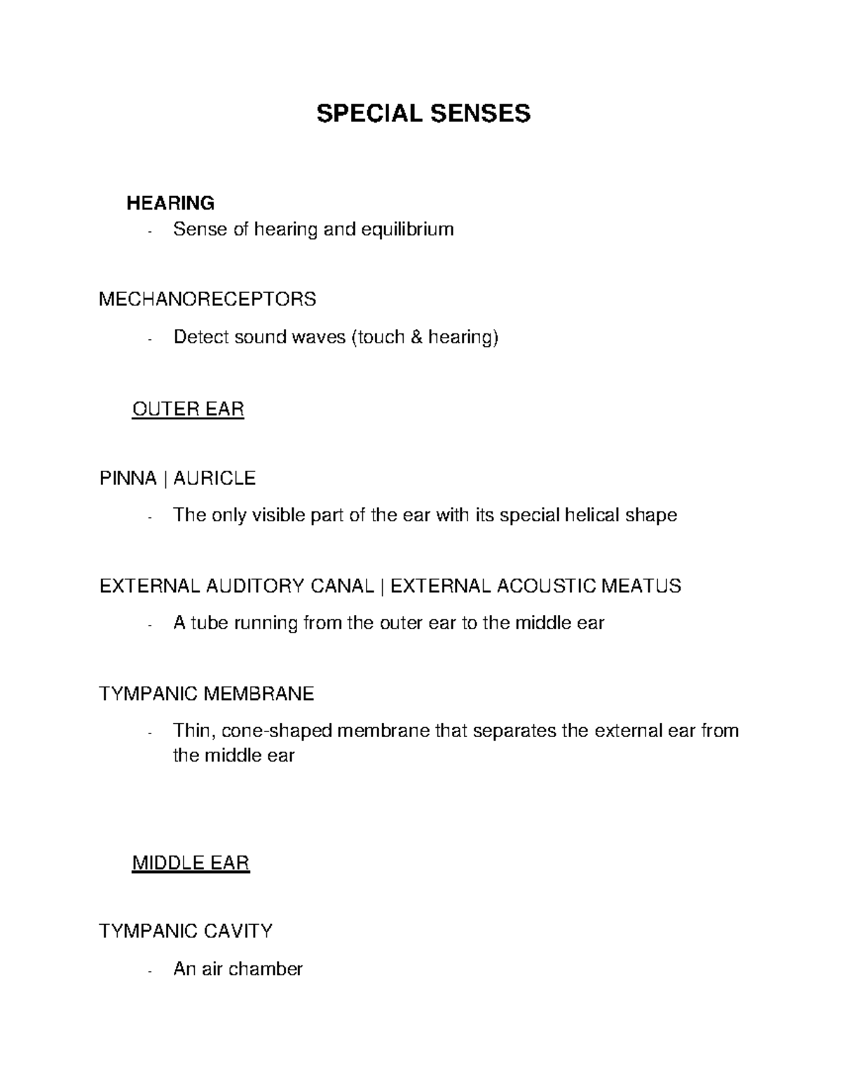 Special Senses - SUMMARY - SPECIAL SENSES HEARING - Sense of hearing ...