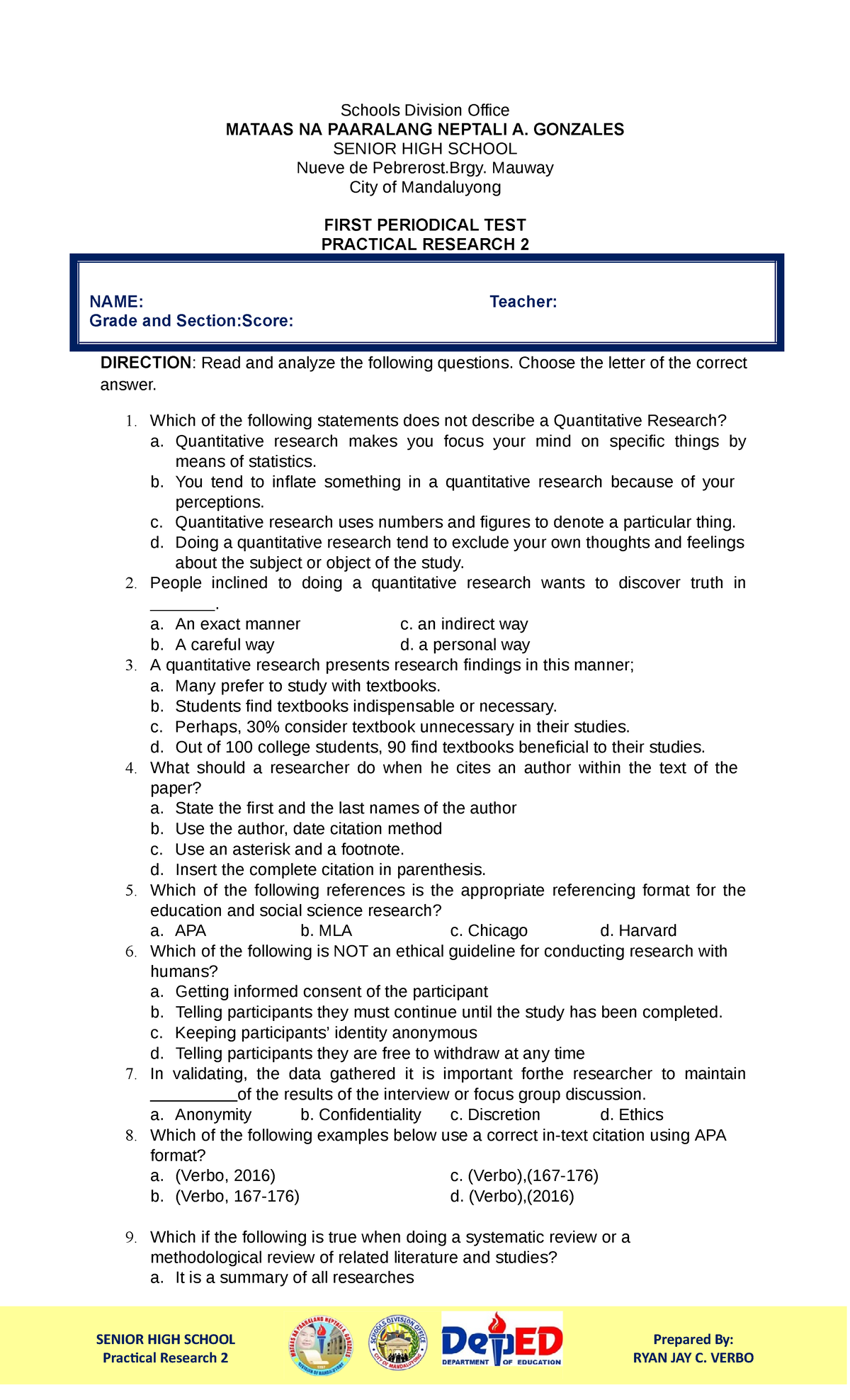 Pdfcoffee.com practical-research-2-first-quarter-assessment-pdf-free - Schools Division Office ...