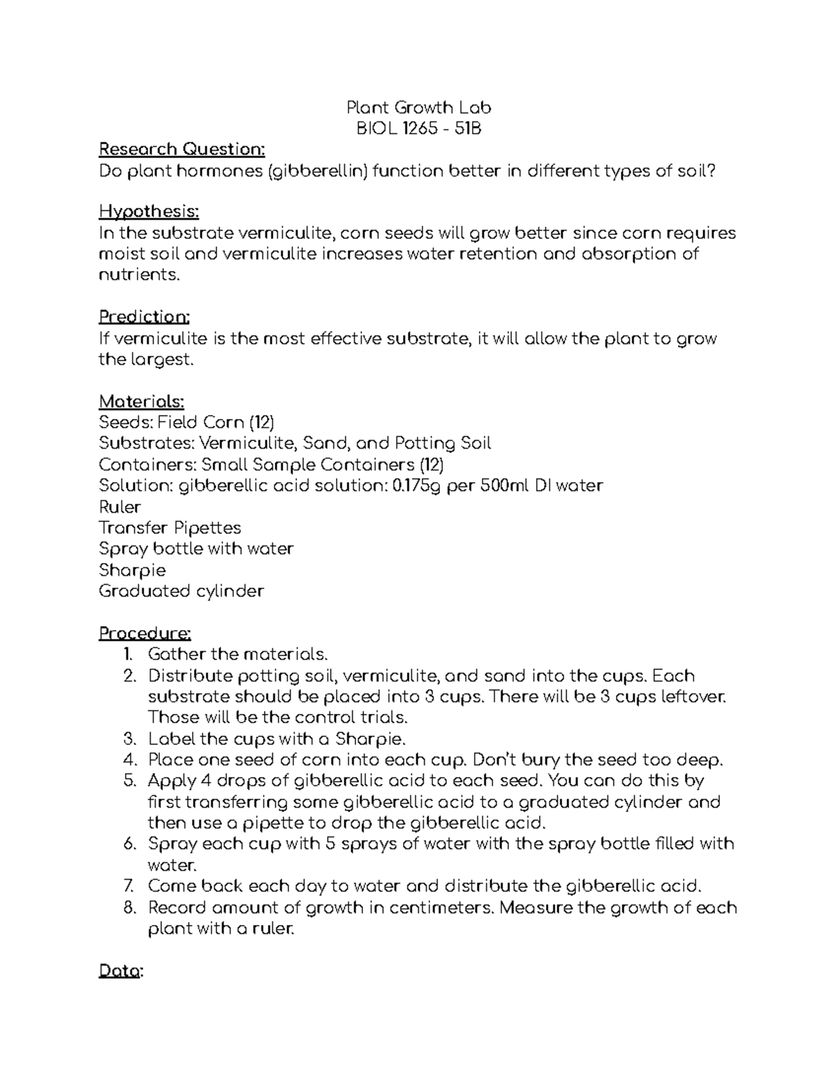 Plant Growth Bio Lab - Plant Growth Lab BIOL 1265 - 51B Research ...