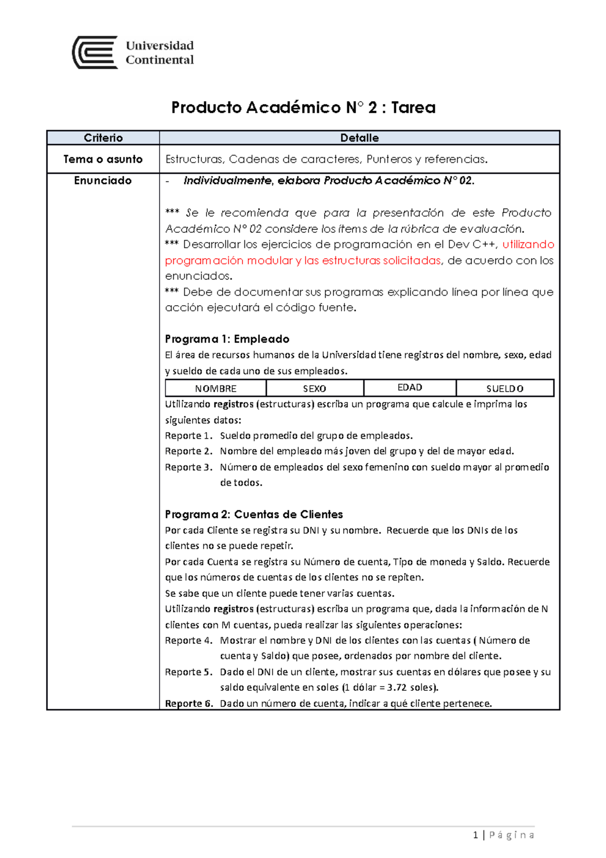 PA02.Tarea Estructura de datos - Producto Académico N° 2 : Tarea Criterio Detalle Tema o asunto ...