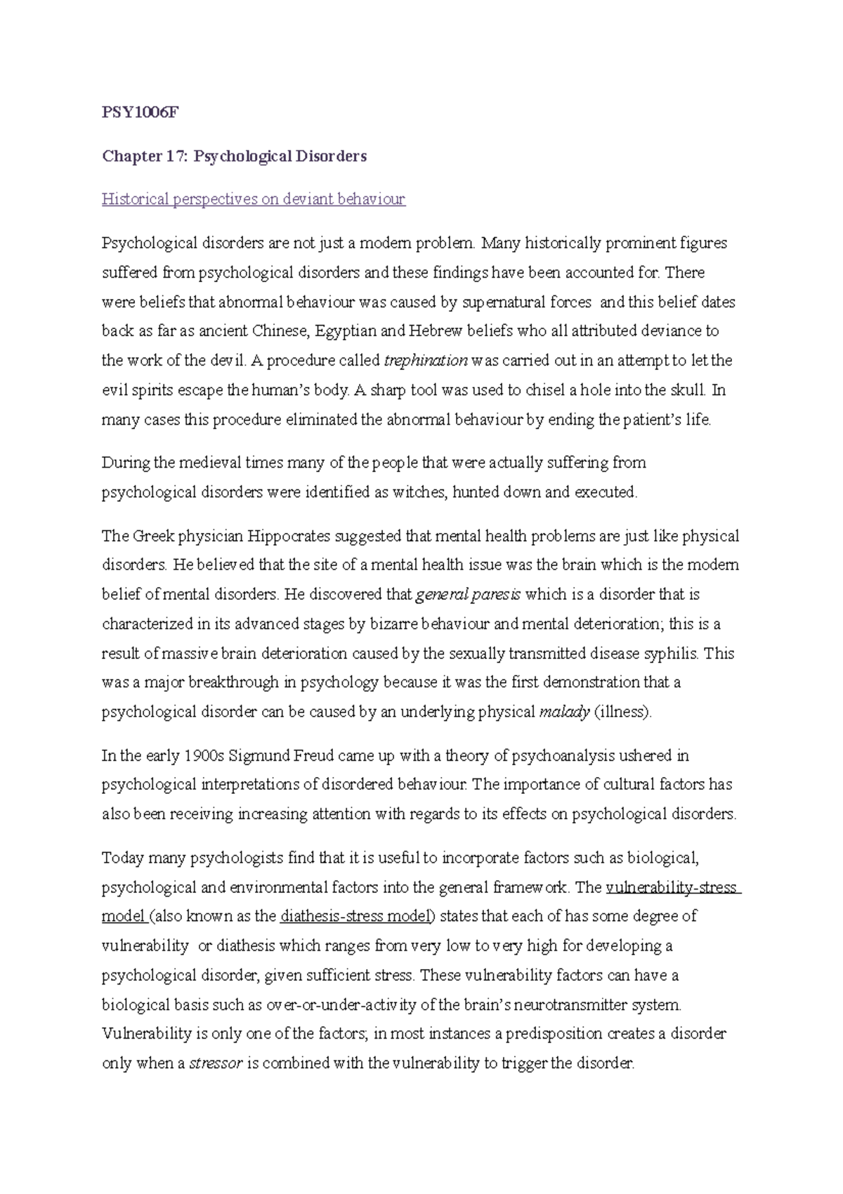 Chapter 17 - Psychopathology - PSY1006F Chapter 17: Psychological ...