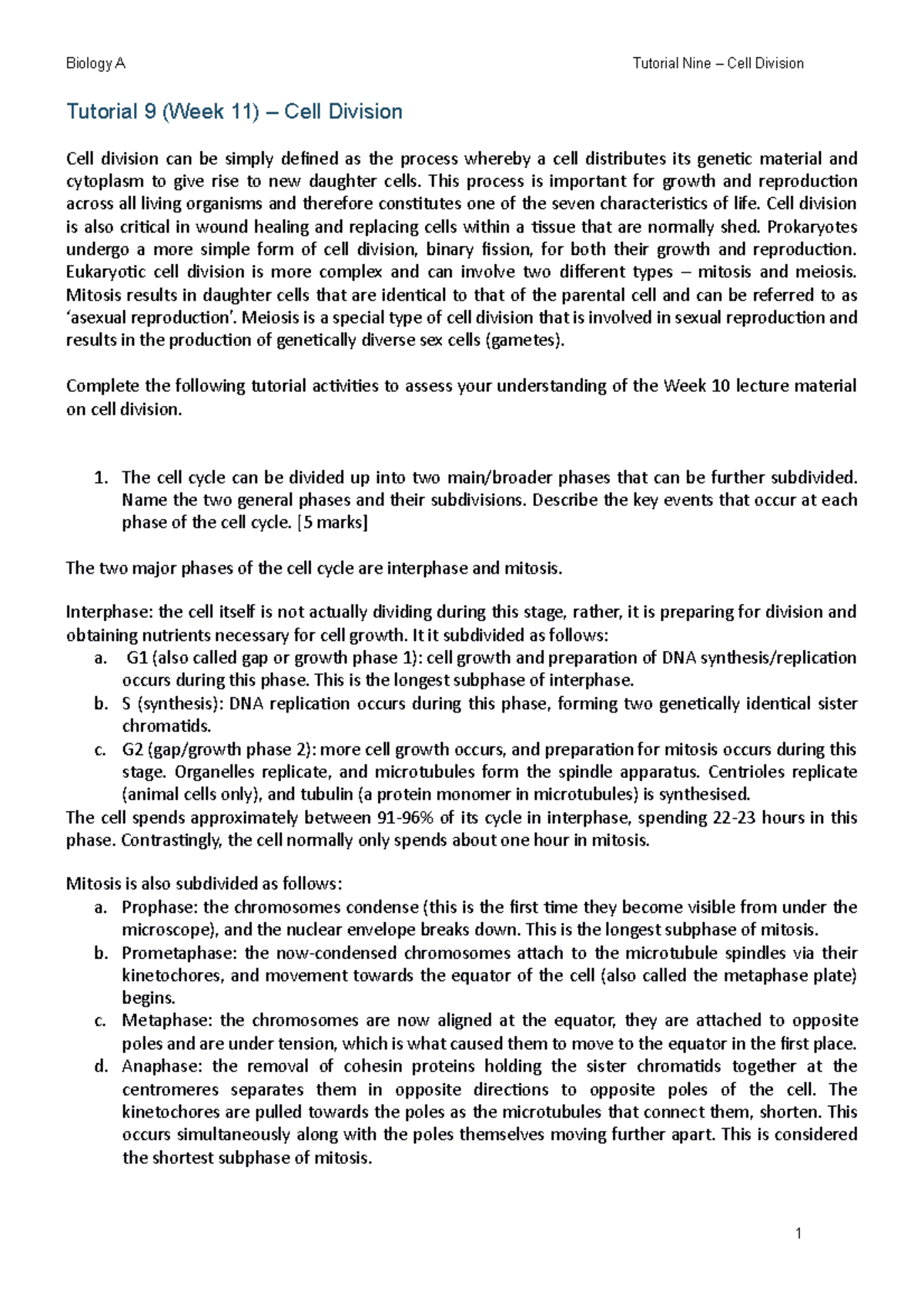 Tutorial 9-week11- Cell division - Tutorial 9 (Week 11) – Cell Division Cell division can be ...
