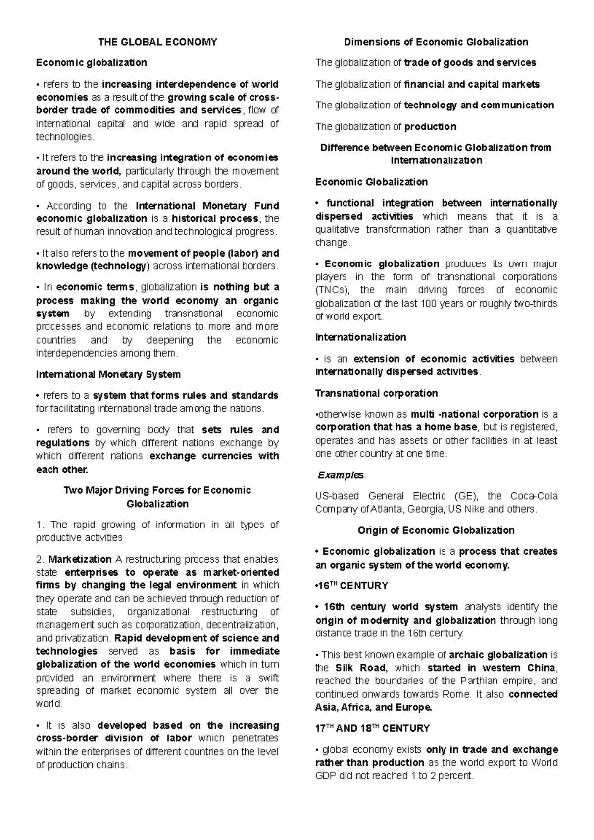 GED 104: TCW - UNIT 2 - THE GLOBAL ECONOMY Economic globalization ...