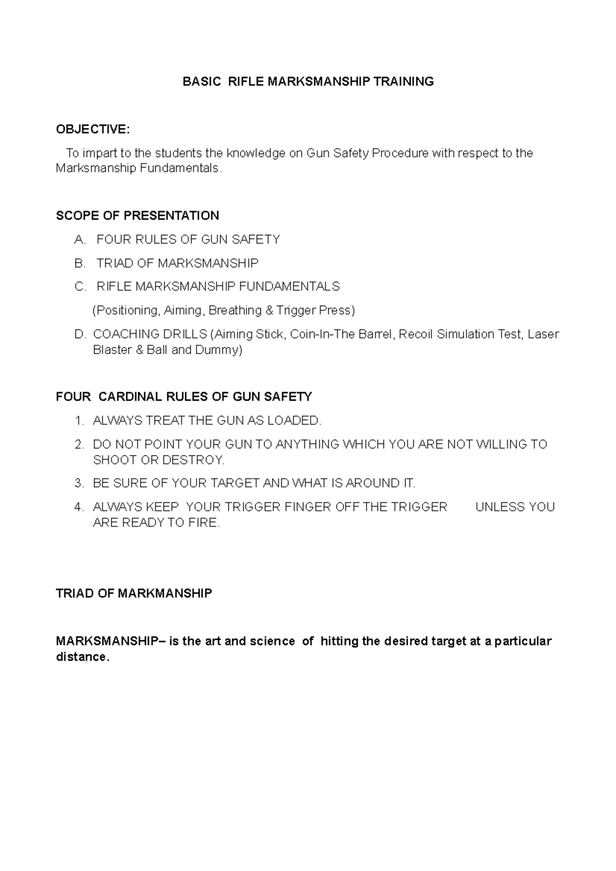 Basic Rifle Marksmanship - BASIC RIFLE MARKSMANSHIP TRAINING OBJECTIVE ...