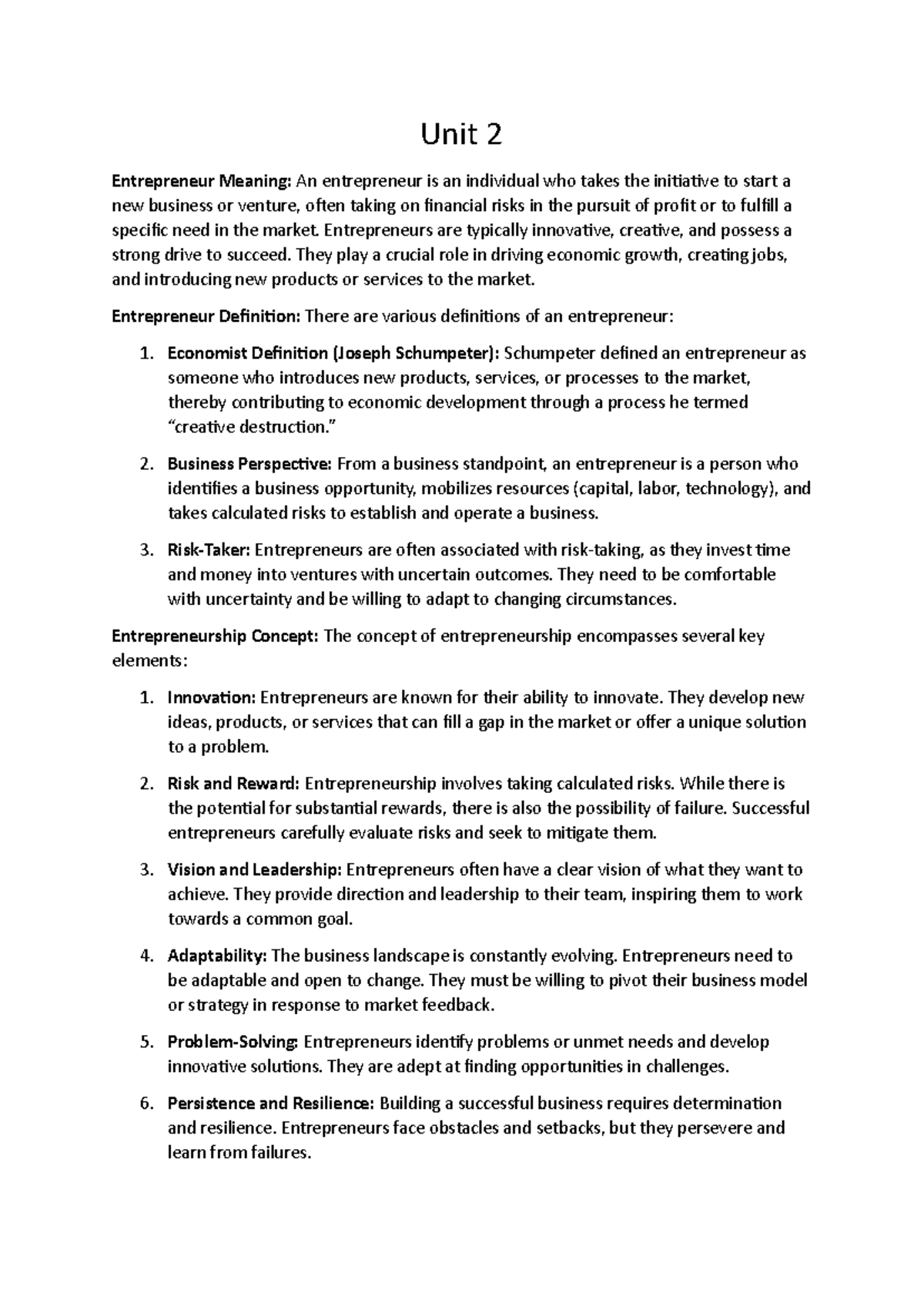 Unit 2 Notes - Unit 2 Entrepreneur Meaning: An entrepreneur is an ...