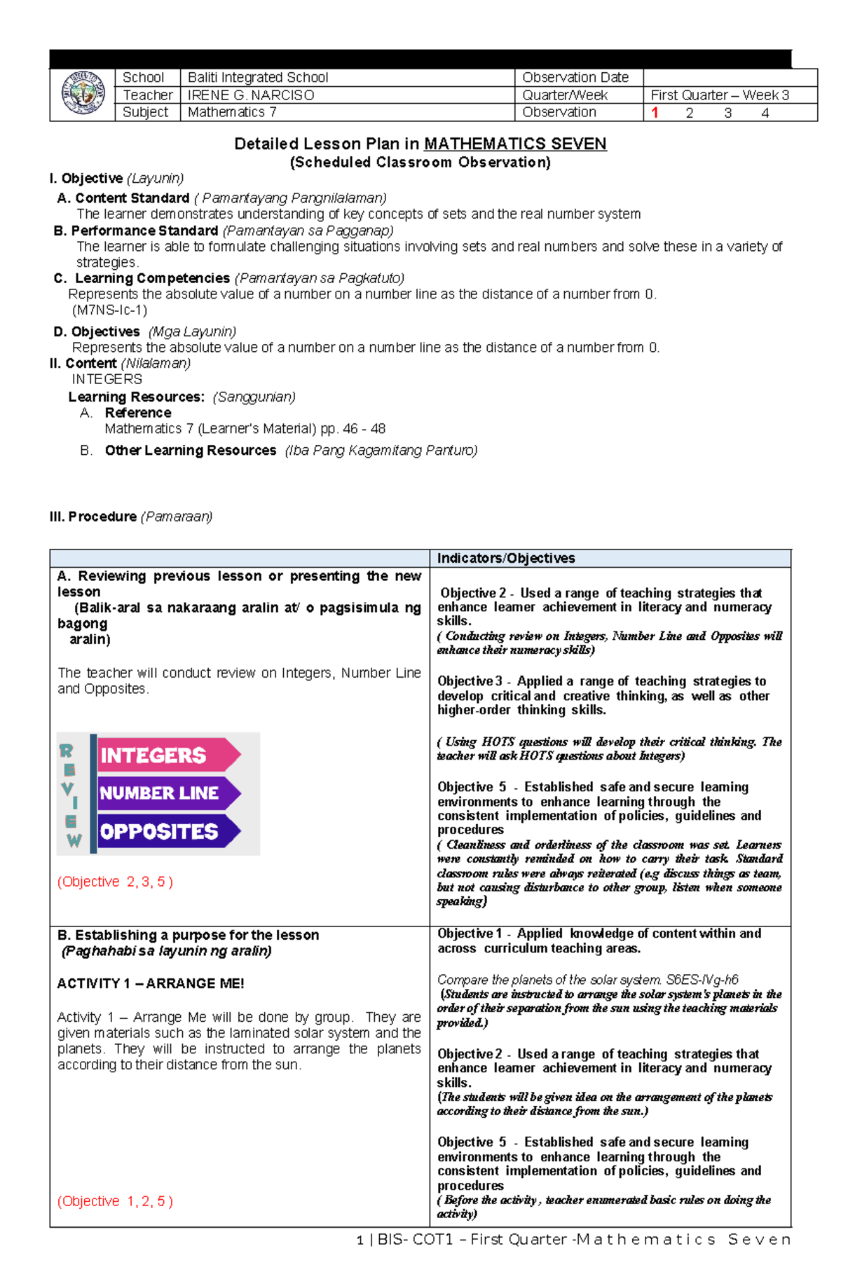 Final COT 1 MATH 7 Absolute Value 23-24 DLL - School Baliti Integrated School Observation Date ...